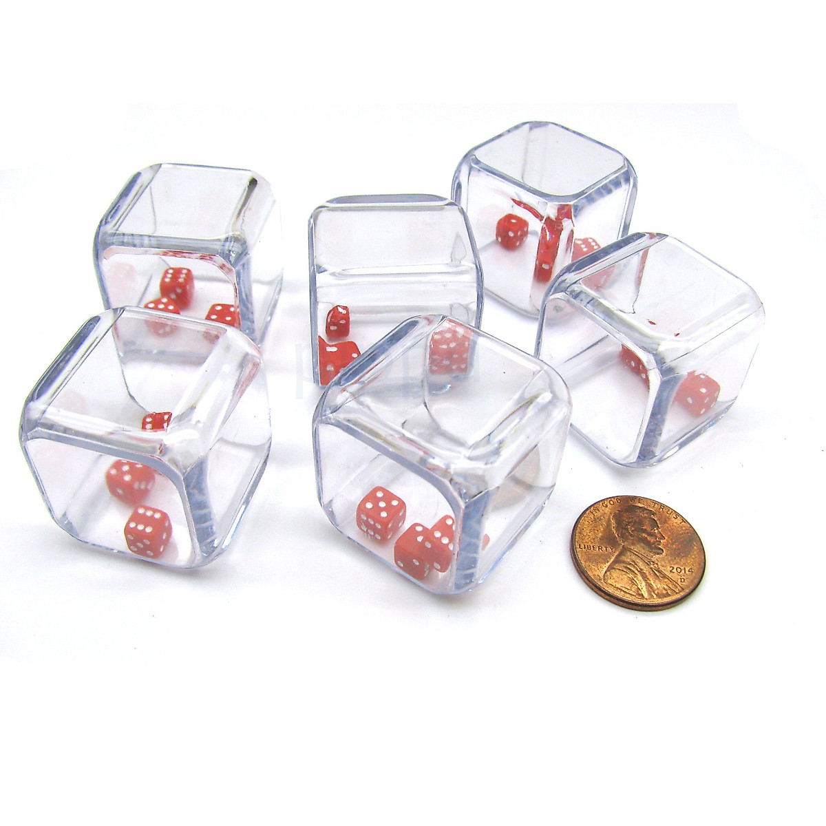Koplow Games Pack of 6 '3 in a Cube' Dice - Three 5mm Red Tiny Dice Inside 25mm Clear Cube