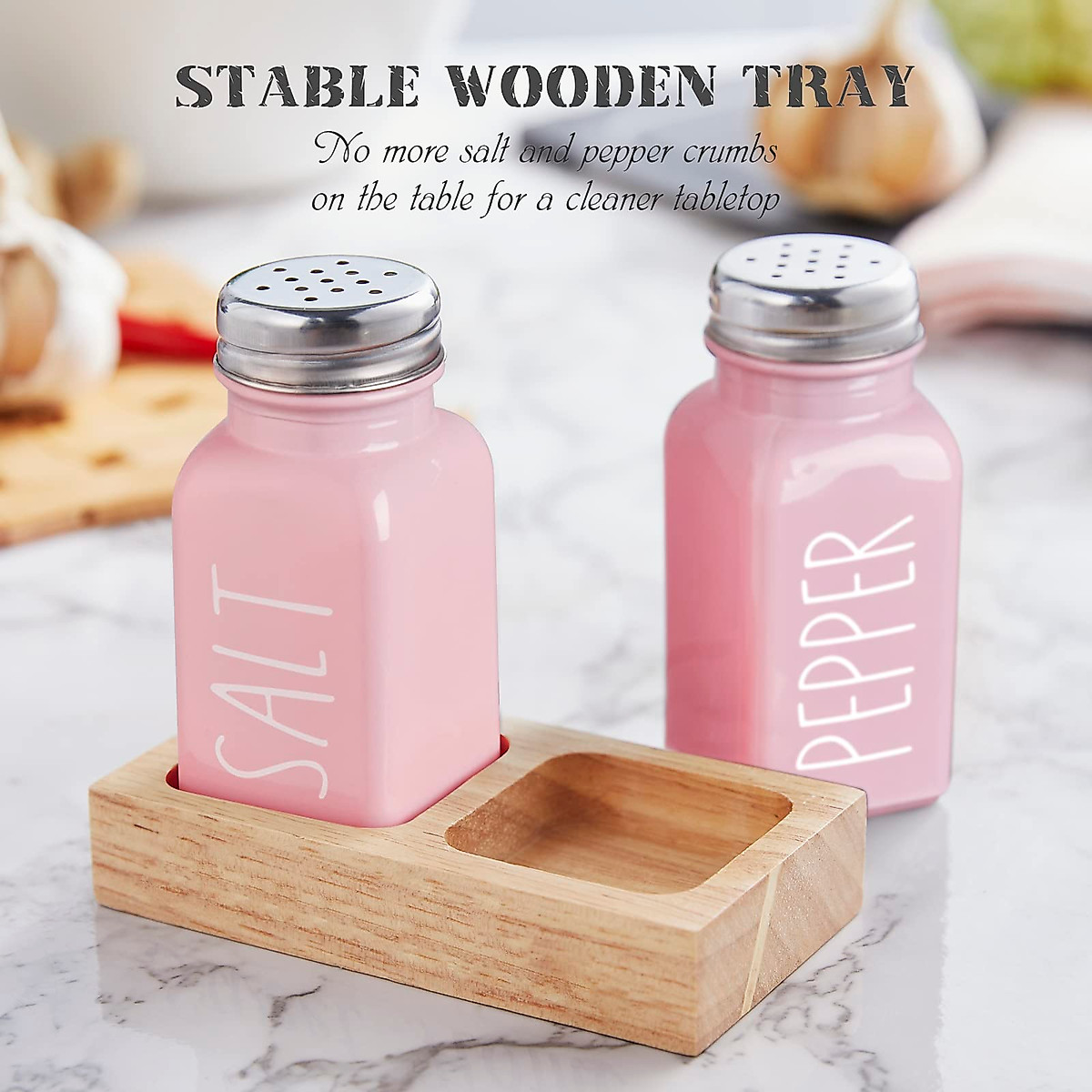 Pink Salt and Pepper Shakers Set with Holder - Pink Kitchen Home Decor and Accessories - Dopeca Glass Salt Shaker with Wood Tray for Kitchen Counter or Table -2.7 oz