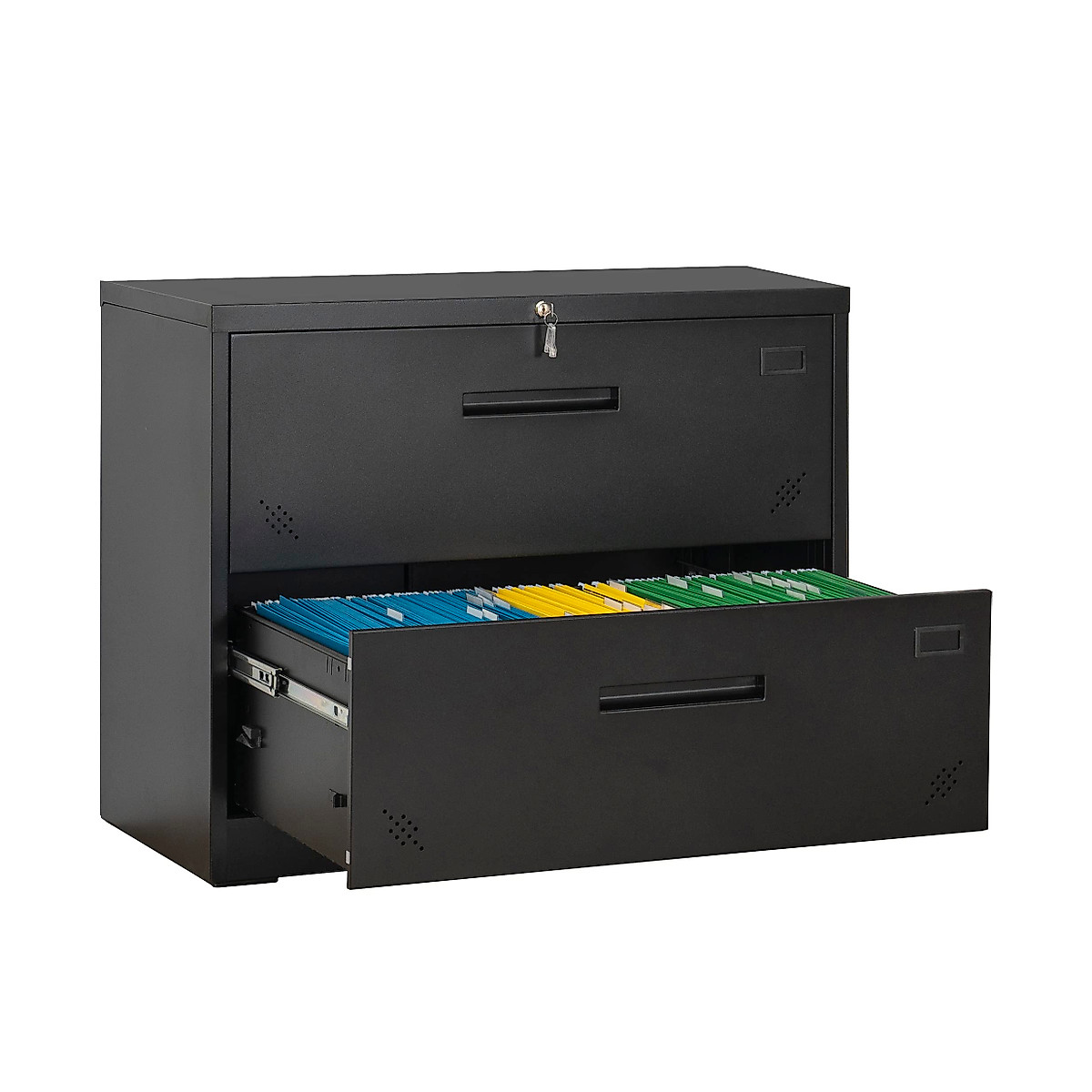 GREATMEET 2 Drawer Lateral File Cabinet with Lock,Heavy Duty Metal Lateral File Cabinet,35.43''L * 17.72''D * 28.70''H, for Legal Letter Files,Disassemble,Black (2 Drawers)