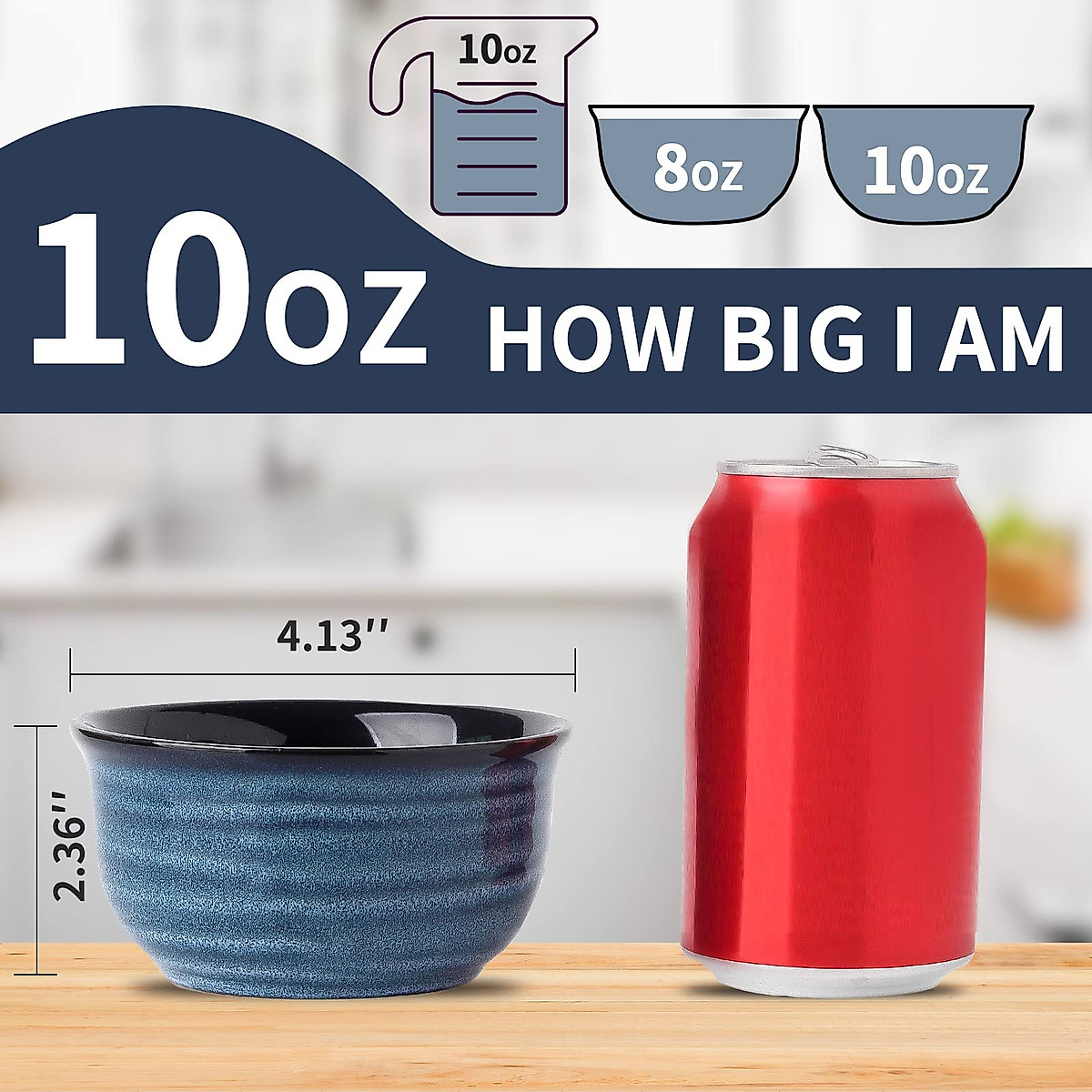 Hasense 10 oz Ceramic Dessert Bowls, Small Ice Cream Bowls, Portion Control Bowls for Kitchen Cereal Soup Rice Side Dishes, Dishwasher Microwave Safe, Set of 6, Blue