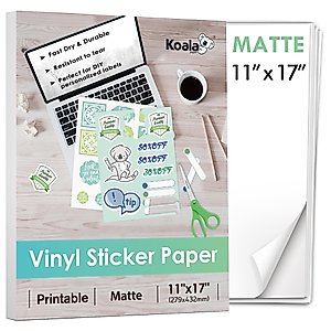 Koala Printable Vinyl Sticker Paper for Inkjet Printer 11x17 Inch - 10 Sheets Matte White Sticker Printer Paper, Waterproof Sticker Paper, Tear-Resistant, Removable