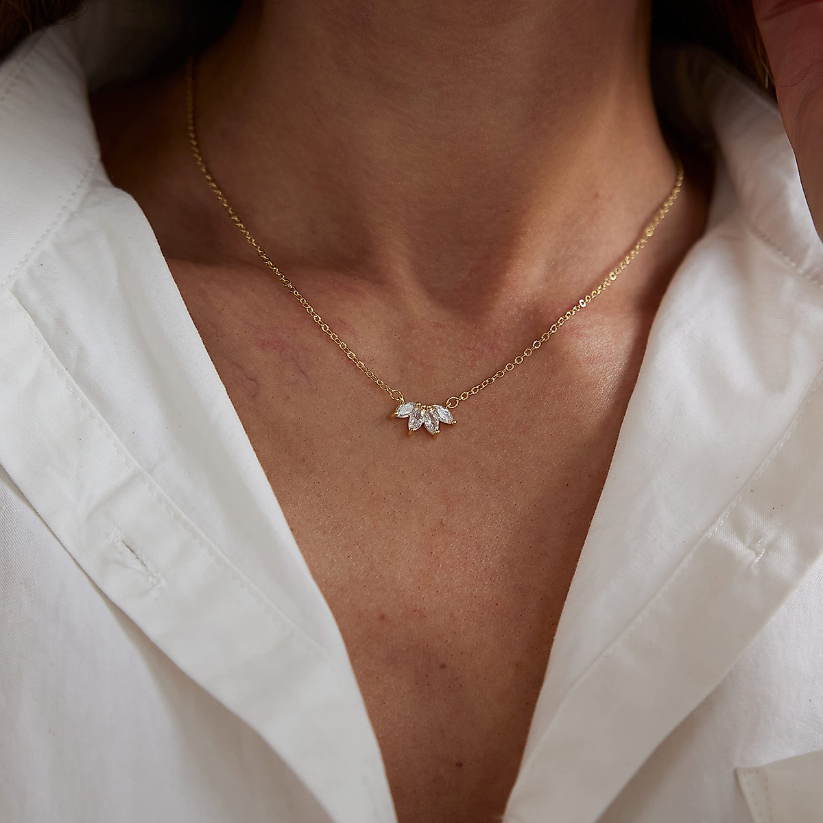 LEXODY Diamond Necklaces for Women Dainty Leaf Necklace 14k Gold Plated Layered CZ Moon Necklace Simple Diamond Choker Necklaces for Women Trendy Jewelry Gifts for Women