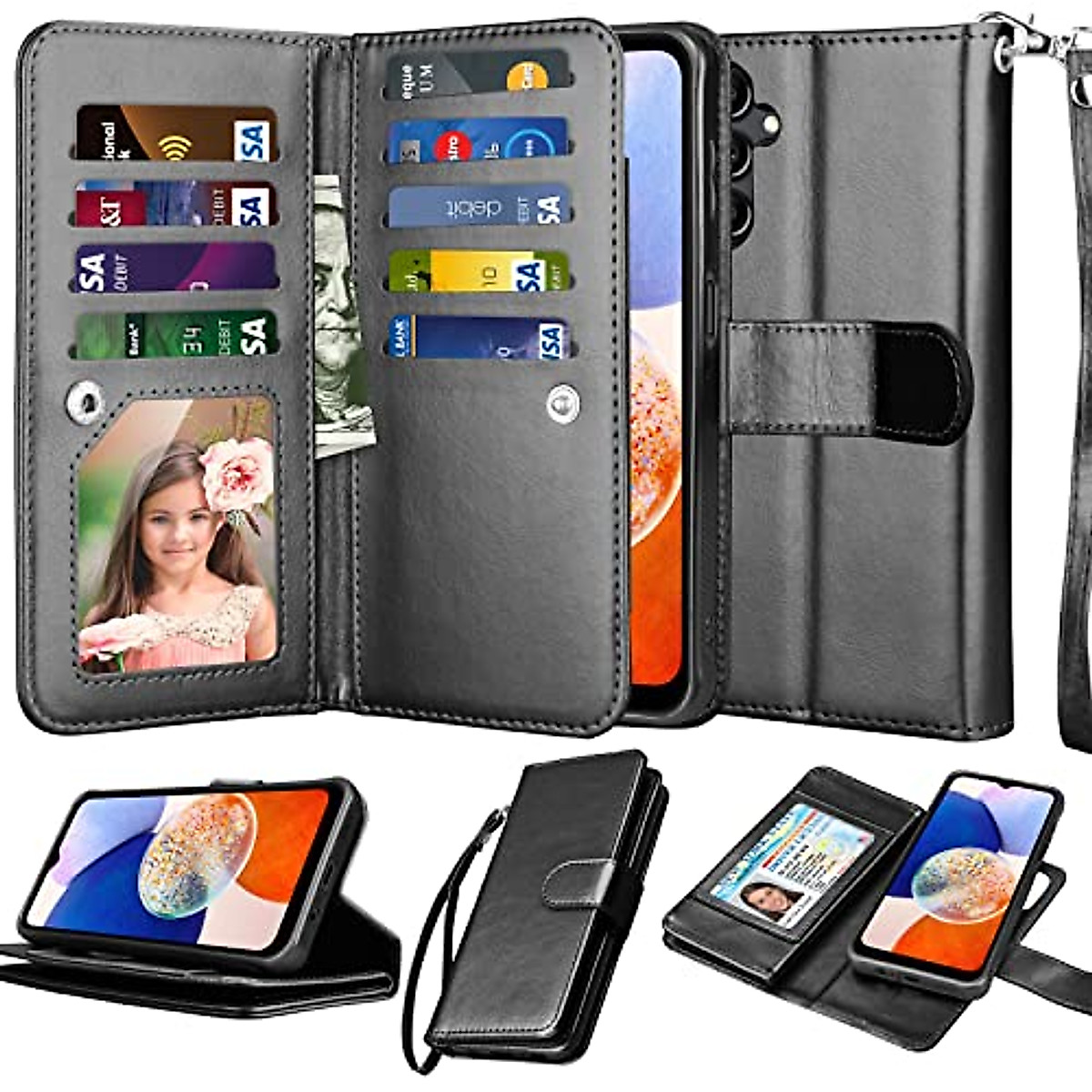 NJJEX Galaxy A14 5G Case, for Samsung Galaxy A14 5G Wallet Case, [9 Card Slots] PU Leather ID Credit Holder Folio Flip [Detachable] Kickstand Magnetic Phone Cover & Lanyard for Samsung A14 [Black]