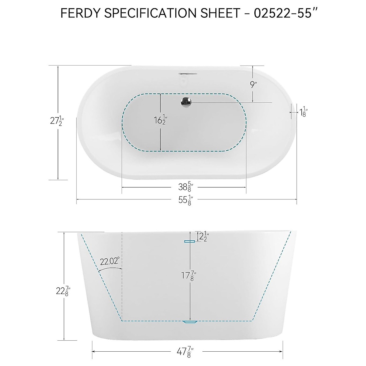 FerdY Shangri-La 55" Acrylic Freestanding Bathtub, Classic Oval Shape Soaking Bathtub with Toe-Tap Chrome Drain and Classic Slotted Overflow Included, Modern White, cUPC Certified