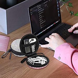 SAVORI Earphone Case Earbuds Small Carrying Cases Bling Rhinestone Crystal Portable Headphone Organizer Storage Pouch Bag with Carabiner 1 Pack (Pink)
