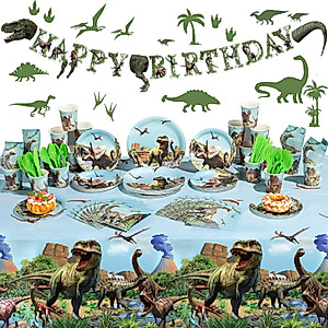 Seewey 171 Pieces Dinosaur Party Supplies Jurassic Happy Birthday Party Decorations Dinosaur Theme Birthday Tableware Tablecloth Dino Plates Napkins Cup Forks Banner for 24 Guests