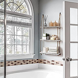 Labcosi 3 Tier Rope Wall Hanging Floating Shelves, Rustic White Wall Shelf, Swing Wood Farmhouse Decor Living Room, Bathroom, Bedroom, and Outdoor