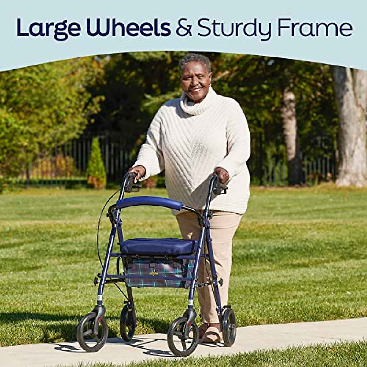 Medline Foldable Steel Rollator w/Seat, Microban, 8” Wheels – Upright Walker for Injuries, Seniors, Adults & Bariatric up to 300 lbs., White