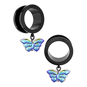 COCHARM 2PCS 00g Black Ear Gauges for Women 10mm Dangle Screw on Back Gauge Earrings Stainlessl Steel Black 00 Gauge Tunnels for Ears Dangling Butterfly 00g Plugs Gauges