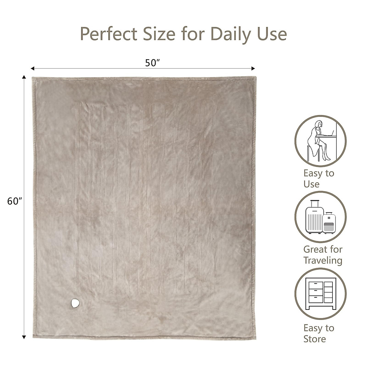 Tefici Electric Heated Blanket Throw, Super Cozy Soft Flannel 50" x 60" Heated Throw with 3 Fast Heating Levels & 4 Hours Auto Off, Machine Washable, ETL&FCC Certification, Home Office Use, Camel