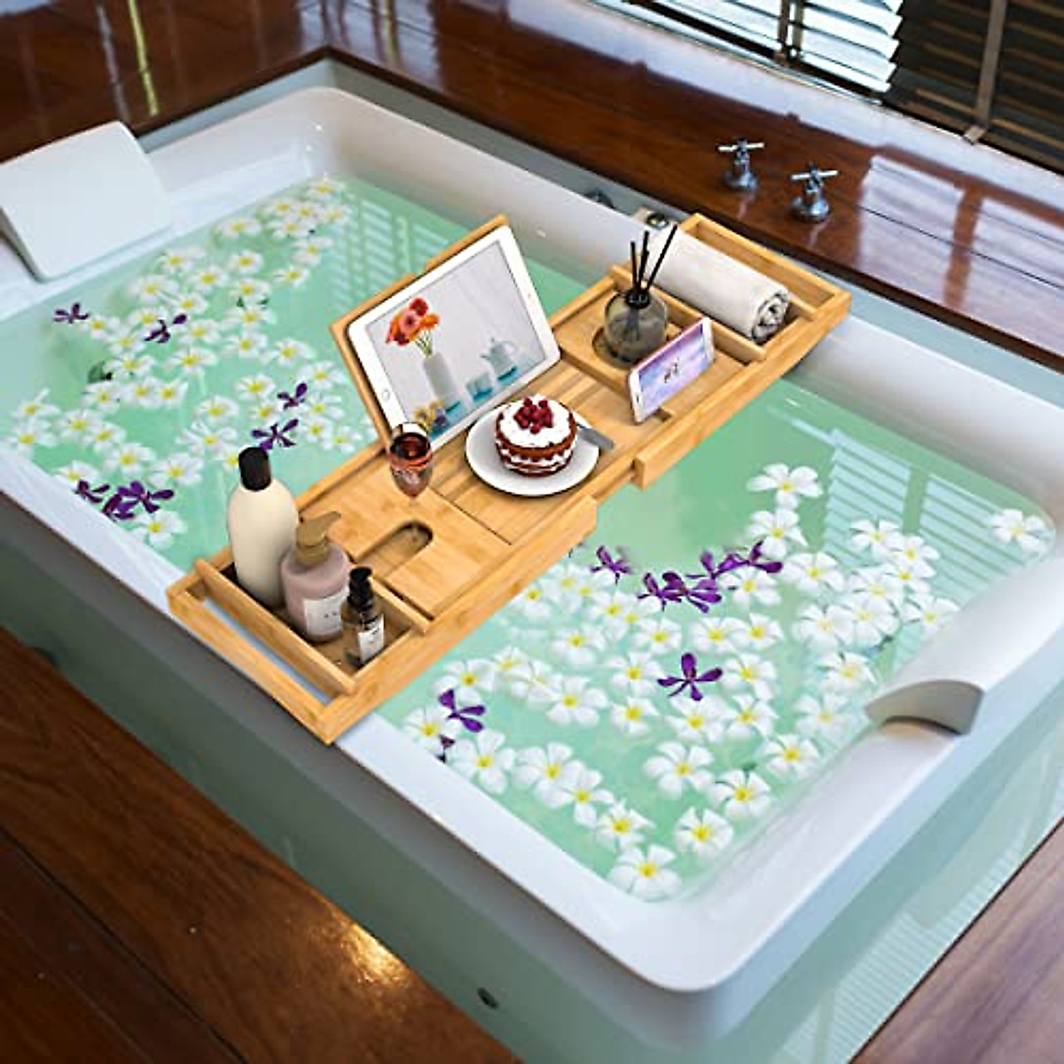 Bamboo Bathtub Tray for Luxury Bathroom, Expandable Premium Bath Tray w/Soap Towel Book Holder, Adjustable Bath Accessories for Tub,Extendable Tub Tray w/Wine Glass Cup Organizer 29.5"-43.3" Nature