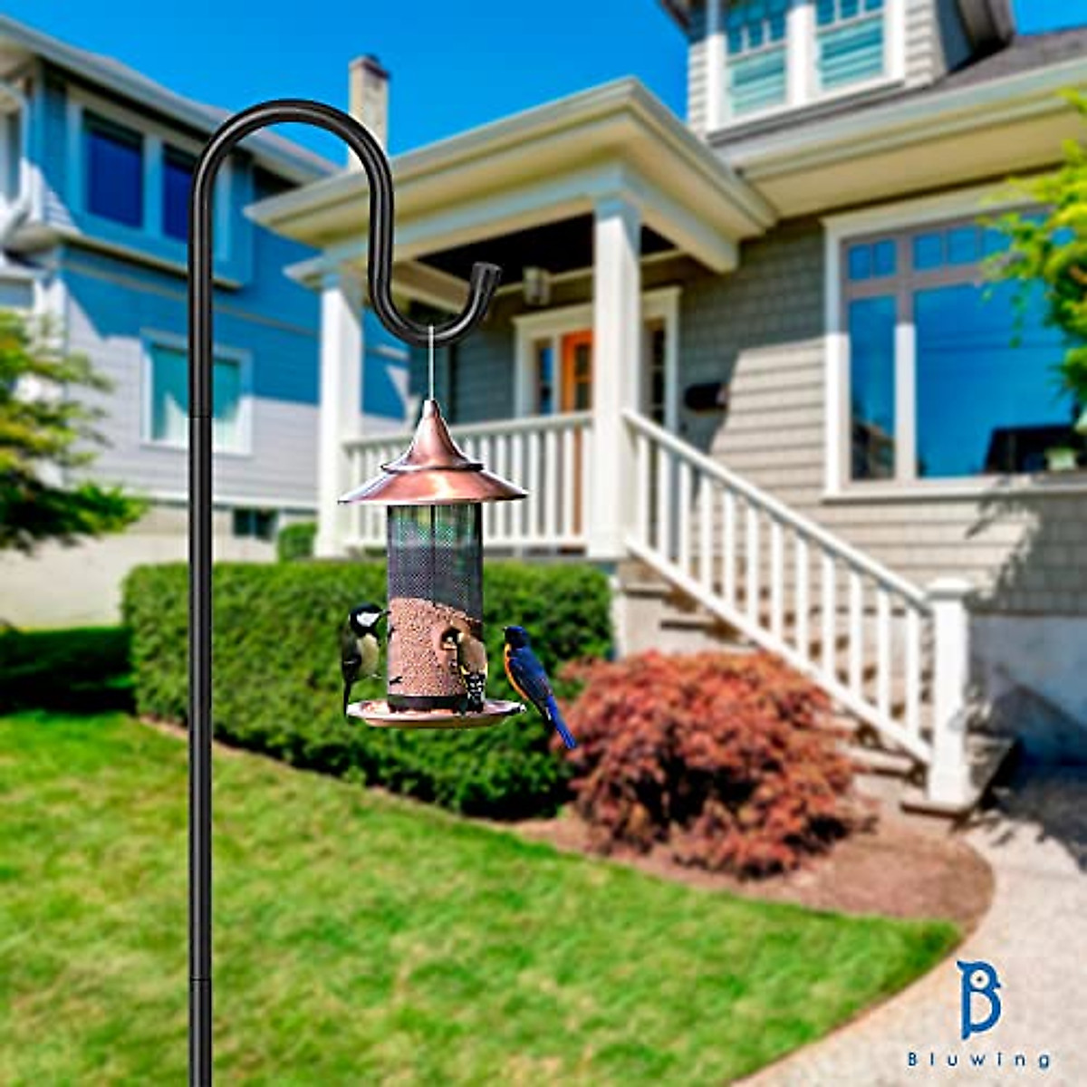 Bluwing 62 Inches Outdoor Shepherd Hook with 5 Prong Base (2 Packs), Stand Pole for Humming Bird Feeder, Adjustable Freestanding Hanger Base for Flower Planter, Outside Garden Holder for Wind Chime
