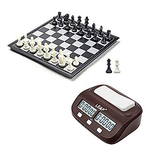 Combo Set - Digital Chess Timer Count Up/Down Chess Game Clock + 25x25cm Magnetic Folding Chess Board with Black & White Chess Pieces + Extra 2 Queens
