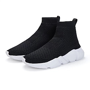 YAVY Sneakers for Boys Tennis Shoes Girls Sock Sneakers for Kids Slip on Shoes Breathable high top Athletic Shoes Lightweight Walking Running Shoes Black 054-35