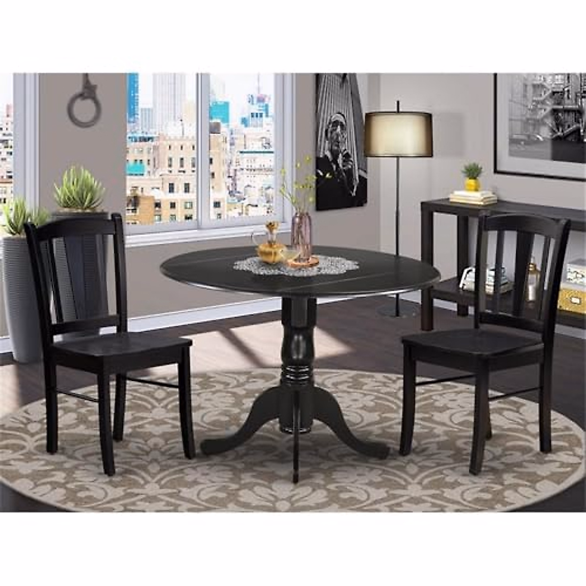East West Furniture DLDL3-BLK-W 3 Piece Dining Room Furniture Set Contains a Round Kitchen Table with Dropleaf and 2 Dining Chairs, 42x42 Inch, Black