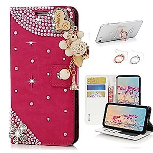 STENES Bling Wallet Phone Case Compatible with Samsung Galaxy Z Fold 5 5G Case - Stylish - 3D Handmade Heart Pendant Flowers Design Leather Cover with Ring Stand Holder [2 Pack] - Red