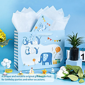 Powbrace Baby Boy Gift Bag with Tissue Paper and Greeting Card for Birthday,Party,Baby Gift Bag,13" Gift Bags Medium size(1-PCS Blue Animals, Happy Birthday)