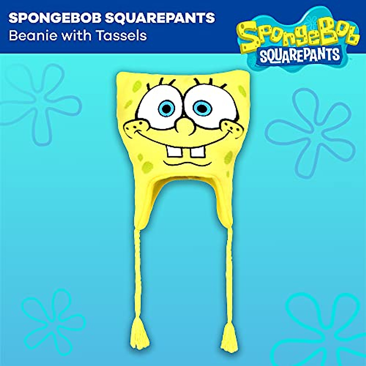 Concept One SpongeBob Squarepants Beanie Hat, Peruvian Knit Acrylic Beanie Cap with Tassels, Yellow, One Size