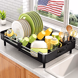 Dish Drying Rack, Kitchen Counter Dish Drainers Rack, Auto-Drain Expandable(13.2"-19.7") Stainless Steel Large Strainers Over Sink Drying Rack Drainboard with Utensil Holder Caddy Organizer, Grey