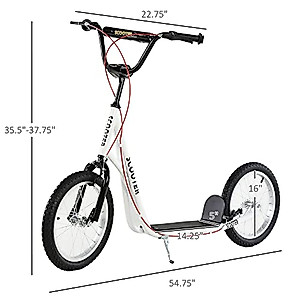 Aosom Youth Scooter Kick Scooter for Kids 5+ with Adjustable Handlebar 16" Front and Rear Dual Brakes Inflatable Wheels, White