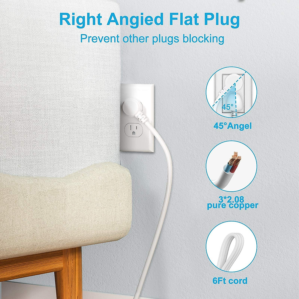 Power Strip Tower 6 Outlets with 3 USB Ports(PD20W & QC18W) Quick Desk Charging Station, 6 ft White Extension Cord, Flat Plug, Multi Plug Outlet Extender,1080 J Surge Protector for Home Office