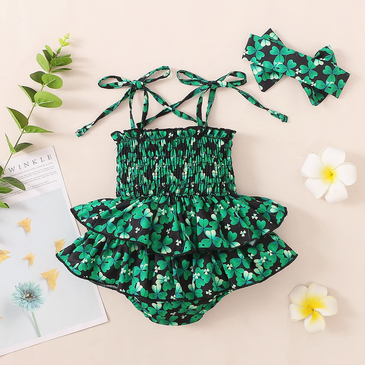 Toddler Baby Girl Summer Clothes Kid Clover Sleeveless Sling Ruffle Layered Dress+Headband St. Patrick's Day 2Pcs Set (Green B, 12-18 Months)