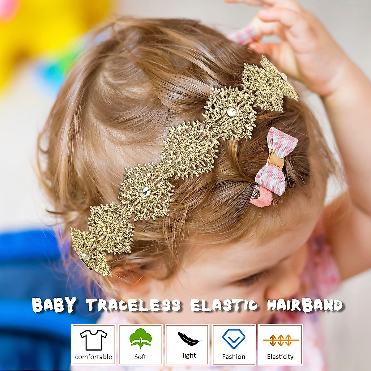 DANMY Baby Girl Super Elastic Headband,Cotton Lace Toddler Hair Band,Infant Soft Turban Hair Accessories Set (gold 1pcs)