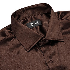 Hi-Tie Mens Long Sleeve Dress Shirt Satin Button Down Casual Prom Wedding Regular Fit Button Up Shirt,Dark Coffee Satin,XX-Large