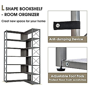 Corner Bookcase, 7-Tier L-Shaped Tall Bookshelf with Open Storage, Freestanding Industrial Etagere Shelf with Metal Frame for Home Office Funiture, Grey, Silver Frame