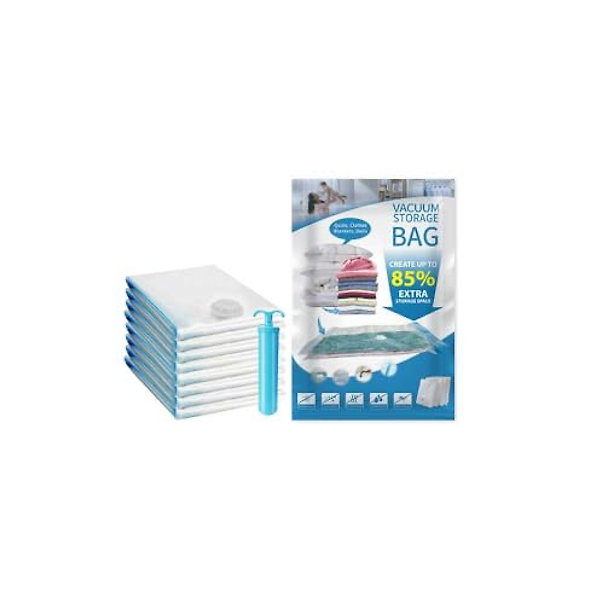 8 Pack Jumbo Vacuum Storage Seal Bags With Zipper, and Pump, Space Saver 85%, Airtight Compresion. For Travel, luggage, Comforters, Pillows, Blankets, bedding, Sacks and Clothes