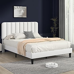 VECELO Queen Size Upholstered Bed Frame with Adjustable Headboard, Velvet Platform Bedframe Mattress Foundation, Strong Wood Slat Support, No Box Spring Needed, White