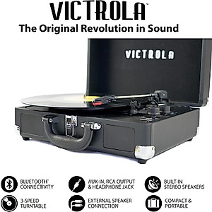 Victrola Vintage 3-Speed Bluetooth Portable Suitcase Record Player with Built-in Speakers | Upgraded Turntable Audio Sound|Black Rose Gold, Model Number: VSC-550BT-BRG