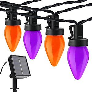 RECESKY C7 Halloween Solar Lights - 50 LED 24Ft Smooth Bulb Orange Purple Halloween String Light with Timer - 8 Modes Fairy Halloween Lighting for Outdoor Garden Yard Home Party Halloween Decorations