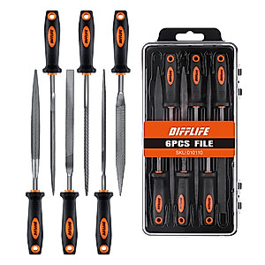 DIFFLIFE 7'' Needle File Set (Carbon Steel 6 Piece-Set) File Handles, Hardened Alloy Strength Steel - Set Includes Flat, Flat Warding, Square, Triangular, Round, and Half-Round File (6-Piece)