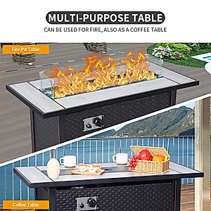 45 Inch Fire Table for Outside 60000 BTU Steel Gas Fire Pit Outdoor Fire Pit Table with Woodgrain Marble Tabletop Glass Wind Guard Cover and Blue Crystal Beads