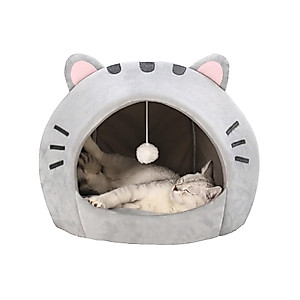 QWINEE Indoor Cat Bed Cave with Removable Cushion - Pet Plush Tent House Cartoon Ear Design Pet Bed with Pompom for Cats Kitten Dogs Puppy and Rabbit Grey S