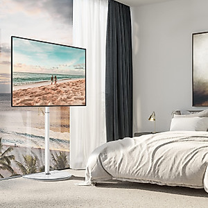 Universal Corner TV Floor Stand with Swivel Mount for 32-65 inch LED LCD Plasma Flat Panel or Curved Screen TVs, Mid Century Modern TV Stand with Height Adjustable and Semi Circular Glass Base, White