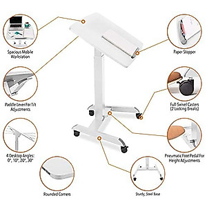Stand Steady Multifunctional Mobile Podium Desk | Portable Sit to Stand Lectern with Pneumatic Height Adjustment & Tilting Desktop | Rolling Laptop Stand | Mobile Desk for School, Home, Office (White)