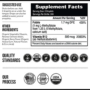 Organic Methyl Folate 1000 mcg + Methyl B12 Cofactor (300 Servings) – Metabolically Active 5-MTHF Form, Organic Berry Flavor, Liquid Sublingual Form – Mood, Cognition, Methylation, Pregnancy (1oz)