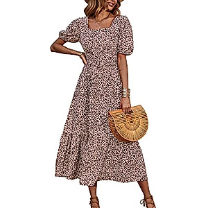 PRETTYGARDEN Women's Bohemian Dress Leopard Tie-Back Square Neck Puff Sleeve Ruffled Hem Summer Maxi Dresses(Pink,Large)