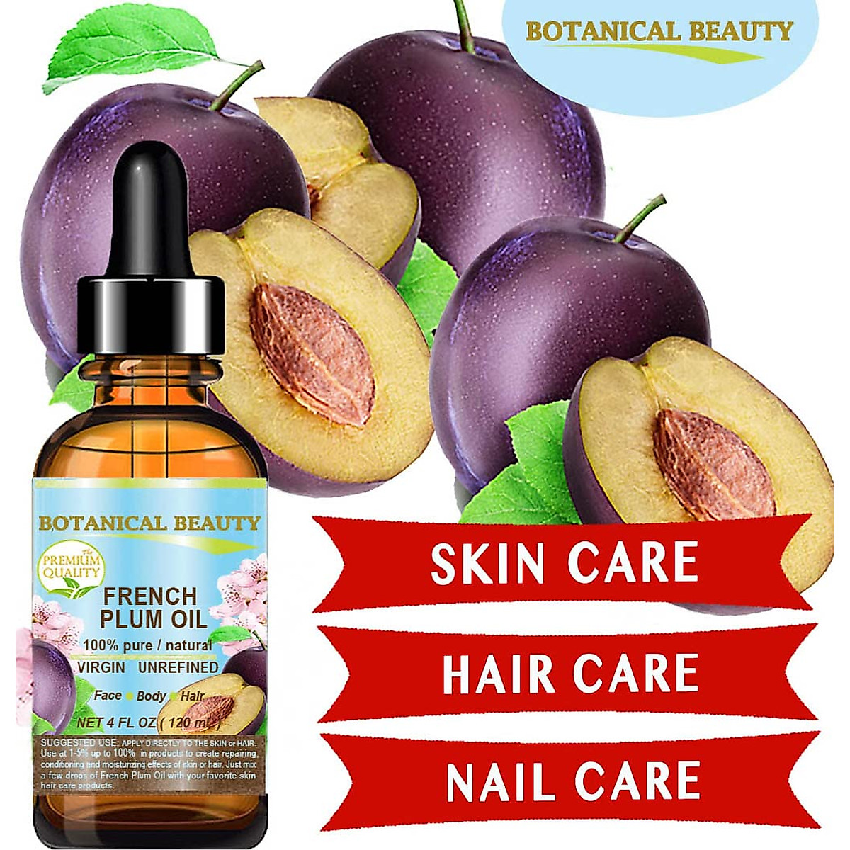 PLUM OIL French. 100% Pure Natural Virgin Unrefined Undiluted Cold Pressed Carrier Oil. For Face, Skin, Hair, Body, Lips, Nails (1 Fl.oz - 30 ml.) by Botanical Beauty