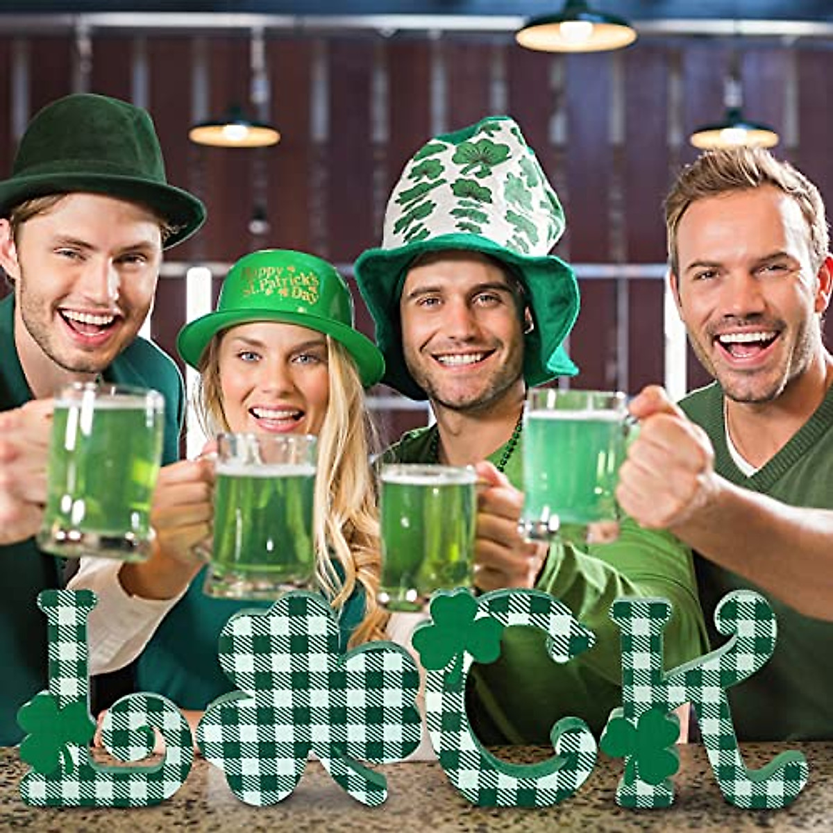 Aweyka 4 Pieces St. Patrick's Day Table Wooden Signs, Shamrock Tiered Tray Decor Lucky Table Decor Irish Themed Freestanding Shamrock Table Centerpiece for Home Decor Party Decoration