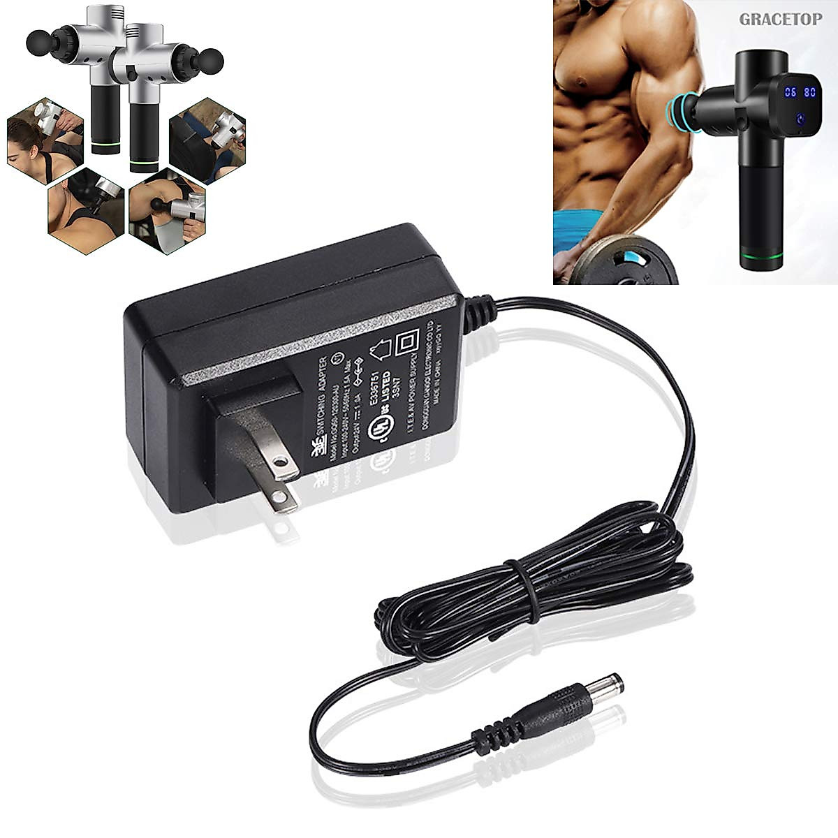 Massage Gun Charger with 8pcs DC Header, 24V/1A Massage Gun Charger Output: DC 24V or 25.2V-0.6A Massage Gun Power Cord Muscle Blaster