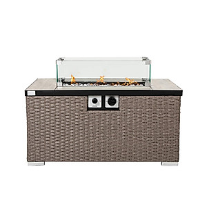 COSIEST Outdoor Propane Fire Pit 32-inch x 20-inch Rectangle Brownish Gray Wicker Fire Table(40,000 BTU), Glass Wind Guard, Free Lava Rocks and Waterproof Cover, Fits 20lb Tank Outside
