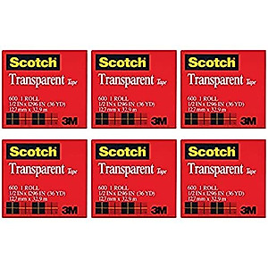 Scotch Premium Transparent Film Tape, Clear, 1/2 Inch x 36 Yards (600), 6 Packs