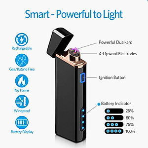 Lighter, Electric Arc Lighter USB Rechargeable Lighter Windproof Flameless Lighter Plasma Lighter with Battery Indicator (Upgraded) for Fire, Cigarette, Candle - Outdoors Indoors (S1700)