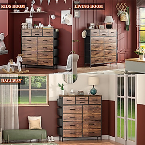 Lulive Dresser for Bedroom with 12 Drawers, Tall Dresser Chest of Drawers with Side Pockets and Hooks, Fabric Dresser Storage Tower for Closet, Hallway, Living Room (Rustic Brown)