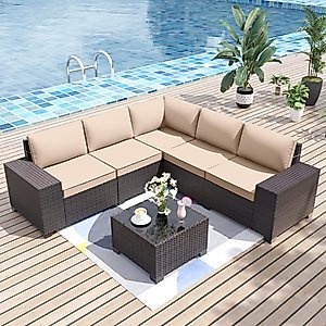 ALAULM Patio Furniture Sets 6 Pieces Patio Sectional Outdoor Furniture Patio Sofa Chairs Set All Weather PE Rattan Wicker Couch Conversation Set with 5 Khaki Thickened Cushions & Coffee Table