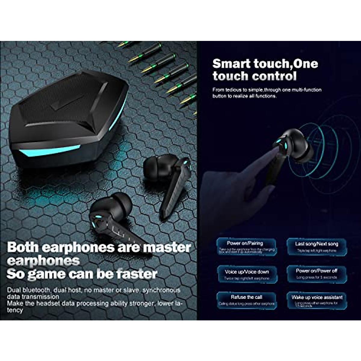 Bluetooth 5.2 Wireless Earbuds Gaming Headphones for Motorola one 5G ace, Low Latency with Cool Lights, True Wireless Gaming Headset Music/Gaming Mode - Black