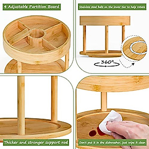 2 Tier Lazy Susan Spice Organizer - Bamboo Wooden Two Tier Lazy Susan Turntable with 4 DIY Partition Board 9.8 inch for Cabinet